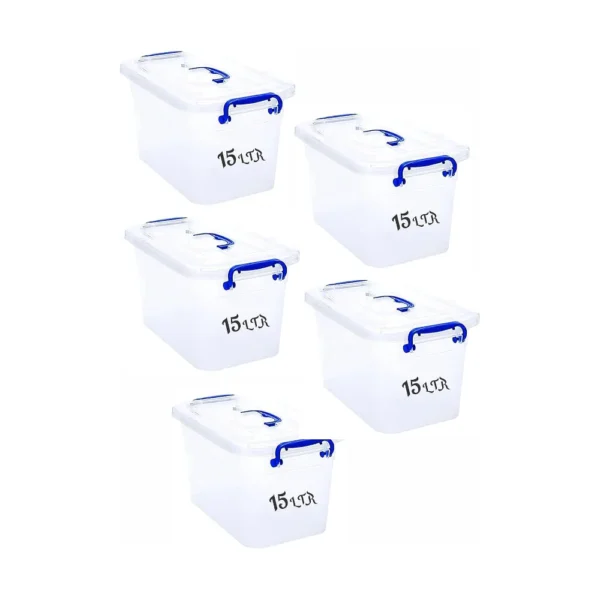 Besto 15 LTR Semi Clear Plastic Storage Box With Lid 5 Pcs Set ...